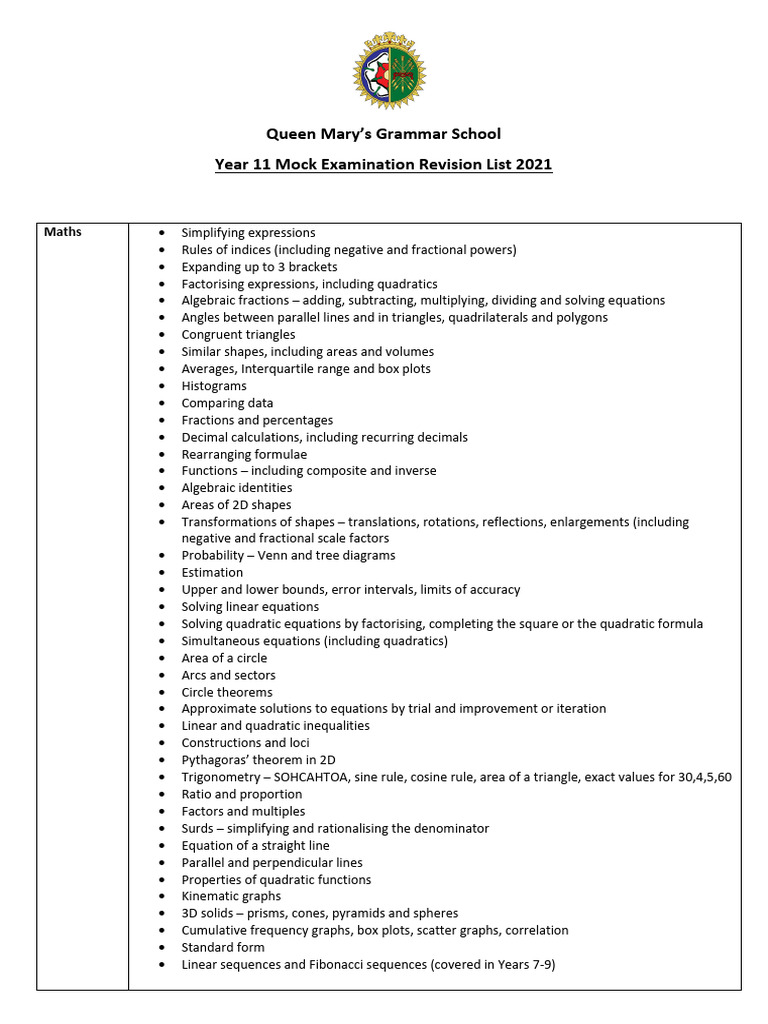 Year 11 Mock Exam Revision List 2021 | PDF | Quadratic Equation | Area