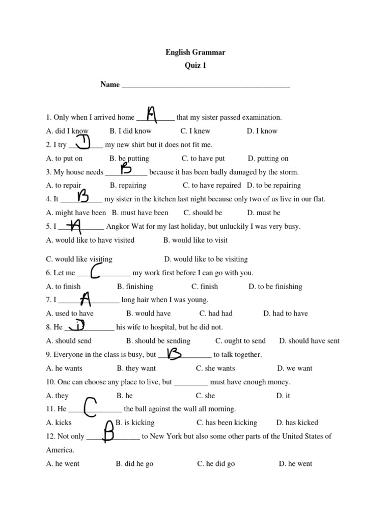 English Grammar Quiz 1 | PDF