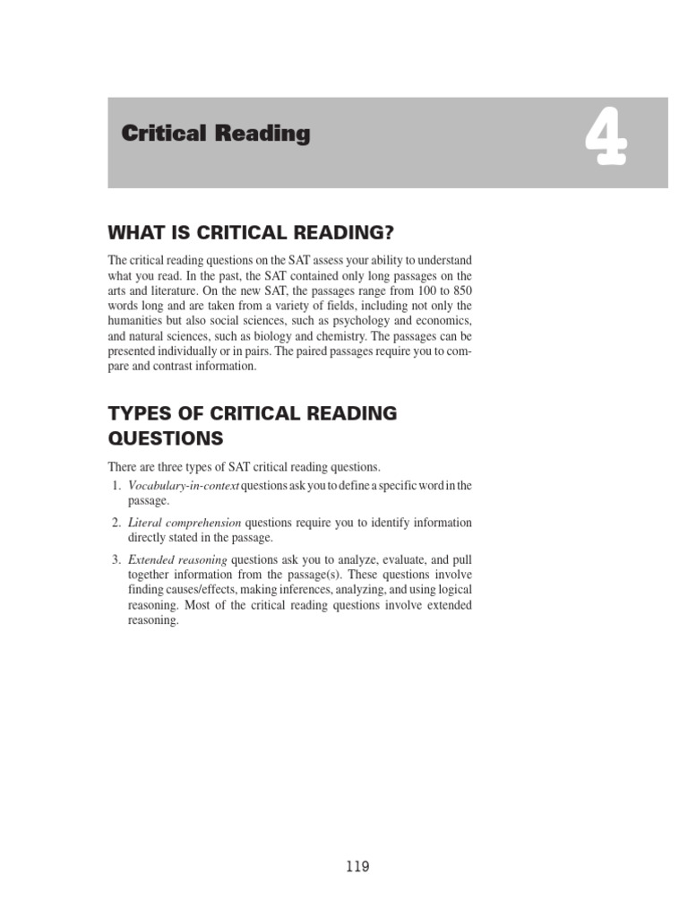 Critical Reading Worksheet Sat Reading CH 4 Critical Reading | PDF