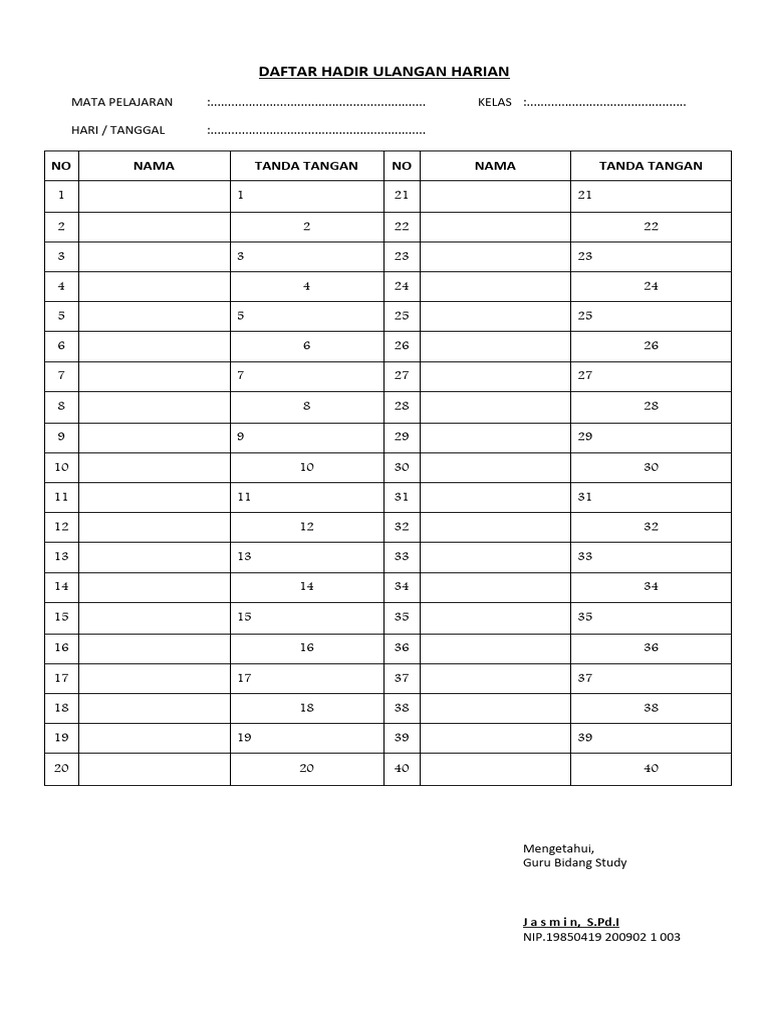 Daftar Hadir Ulangan | PDF