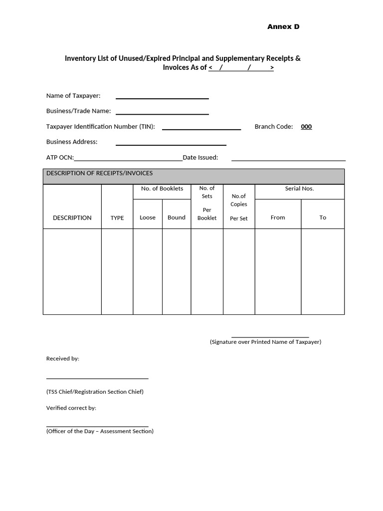 Inventory List of Used and Unused Receipt PDF Free | PDF