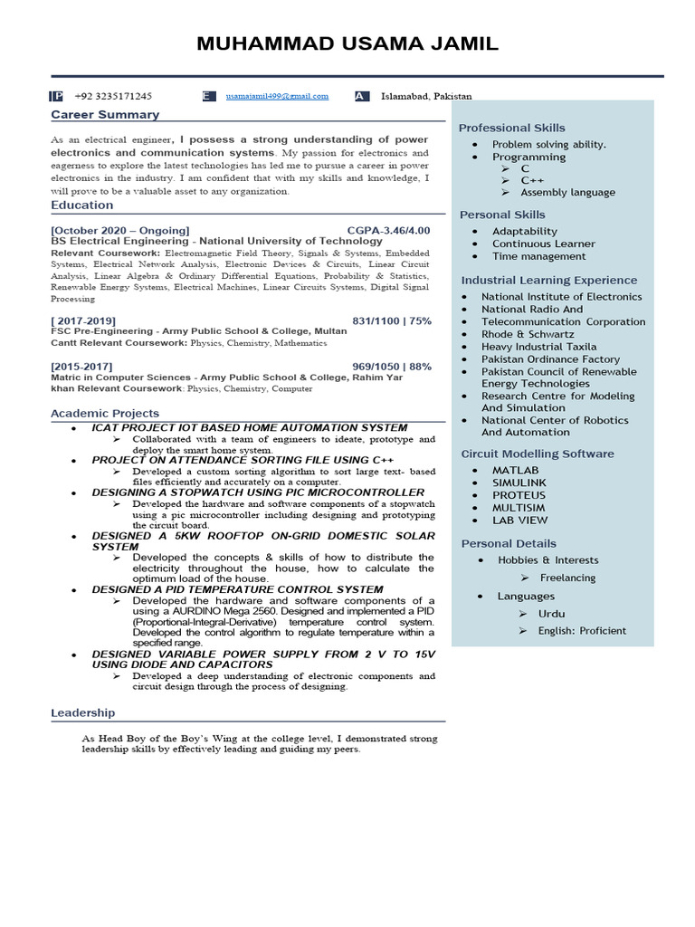 Usama Jamil - Resume | Download Free PDF | Electrical Network | Electronics