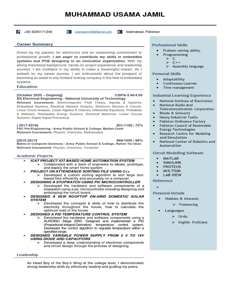 Muhammad Usama Jamil: Career Overview | PDF | Electrical Network ...