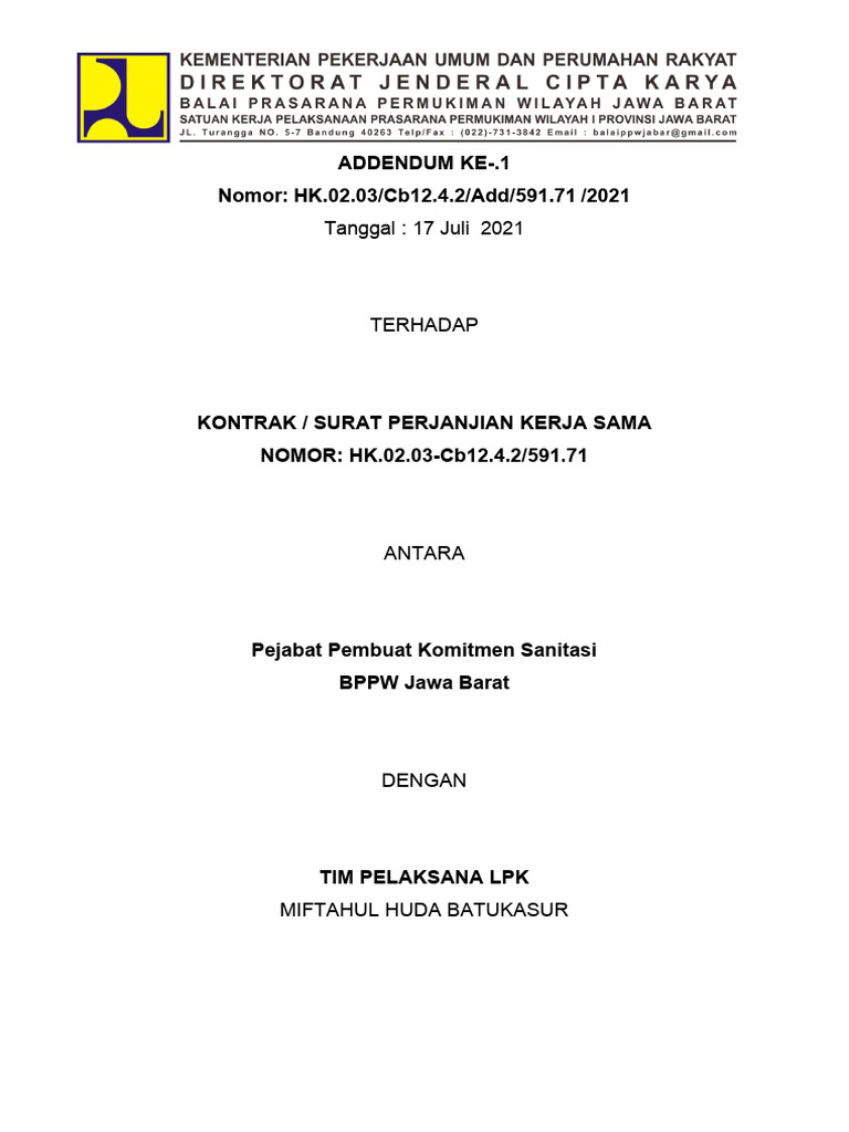 Draft Format Addendum (Waktu Atau Material) Kontrak PKS Antara PPK ...