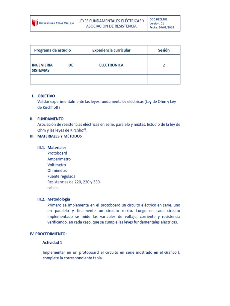 GUÍA DE PRÁCTICA DE LABORATORIO N° 2 | PDF | Resistencia Eléctrica y Conductancia | voltaje
