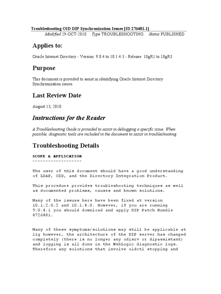 Troubleshooting OID DIP Synchronization Issues | PDF | Active Directory | Troubleshooting