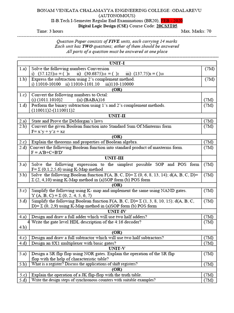 Model Paper - B.Tech - DLD (II-I CAD) | PDF | Digital Electronics | Arithmetic