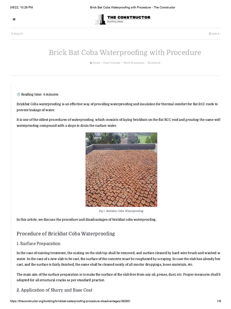 Brick Bat Coba Waterproofing With Procedure - The Constructor | PDF | Concrete | Roof