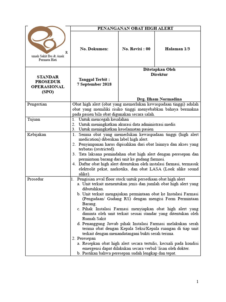 Spo Penanganan Obat High Alert PKT | PDF