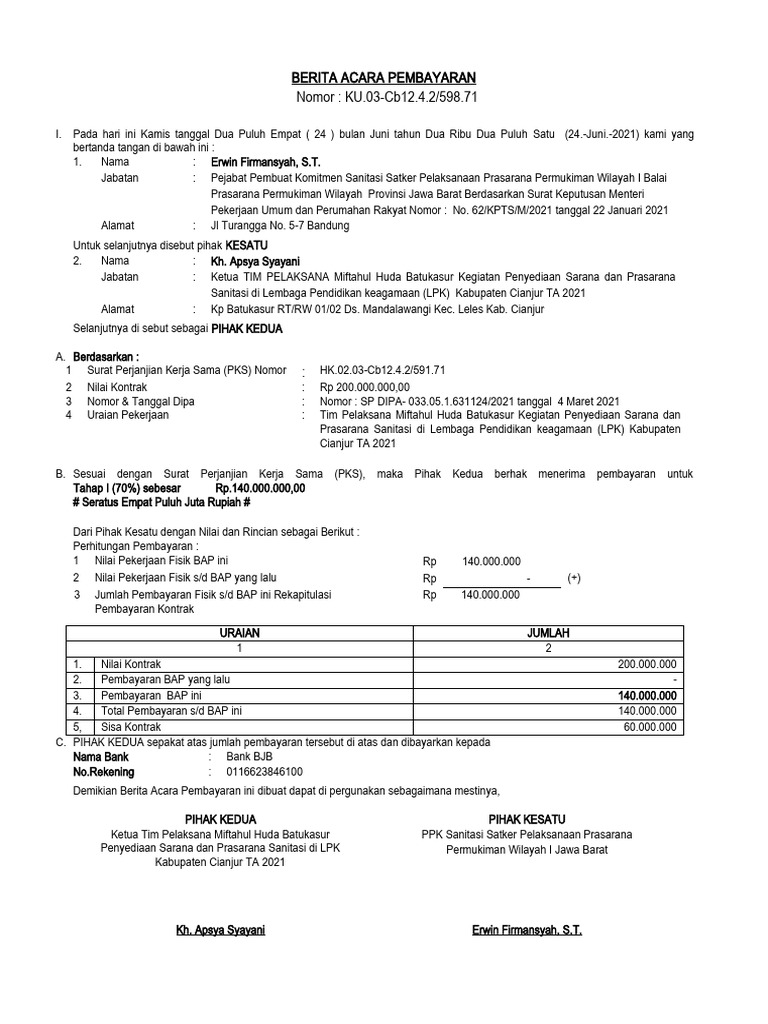 Berita Acara Pembayaran Sanitasi LPK Cianjur | PDF