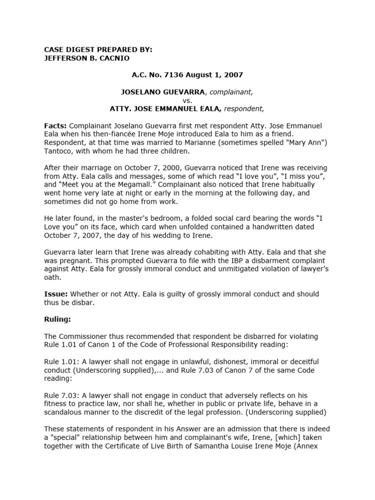 Case Digest - Joselano Guevarra vs. Atty. Jose Emmanuel Eala | PDF