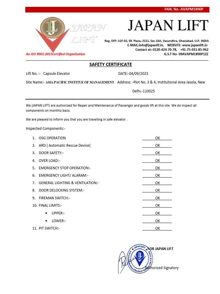 Japan Lift Safety Certificate 2023 | PDF | Elevator | Vehicles
