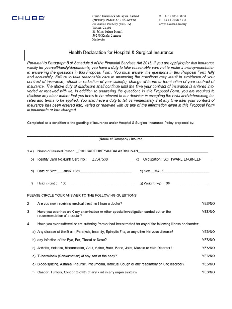 Chubb - GHS Health Declaration Form C | PDF