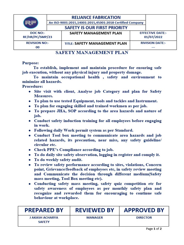 23.safety Management Plan | PDF | Safety | Occupational Safety And Health