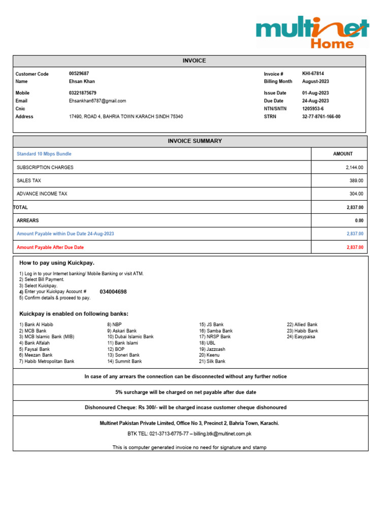 Multinet Internet Bill - Karachi, Pakistan | PDF