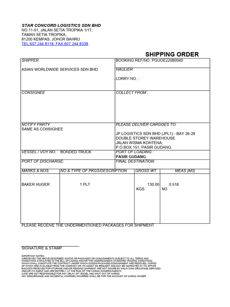 Shipping Note - Star Concord (New) | PDF
