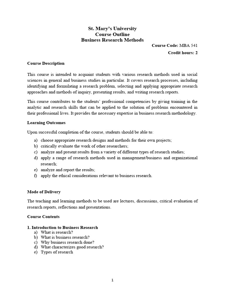COURSE OUTLINE, Business Research Methods, Misganaw | PDF | Methodology ...