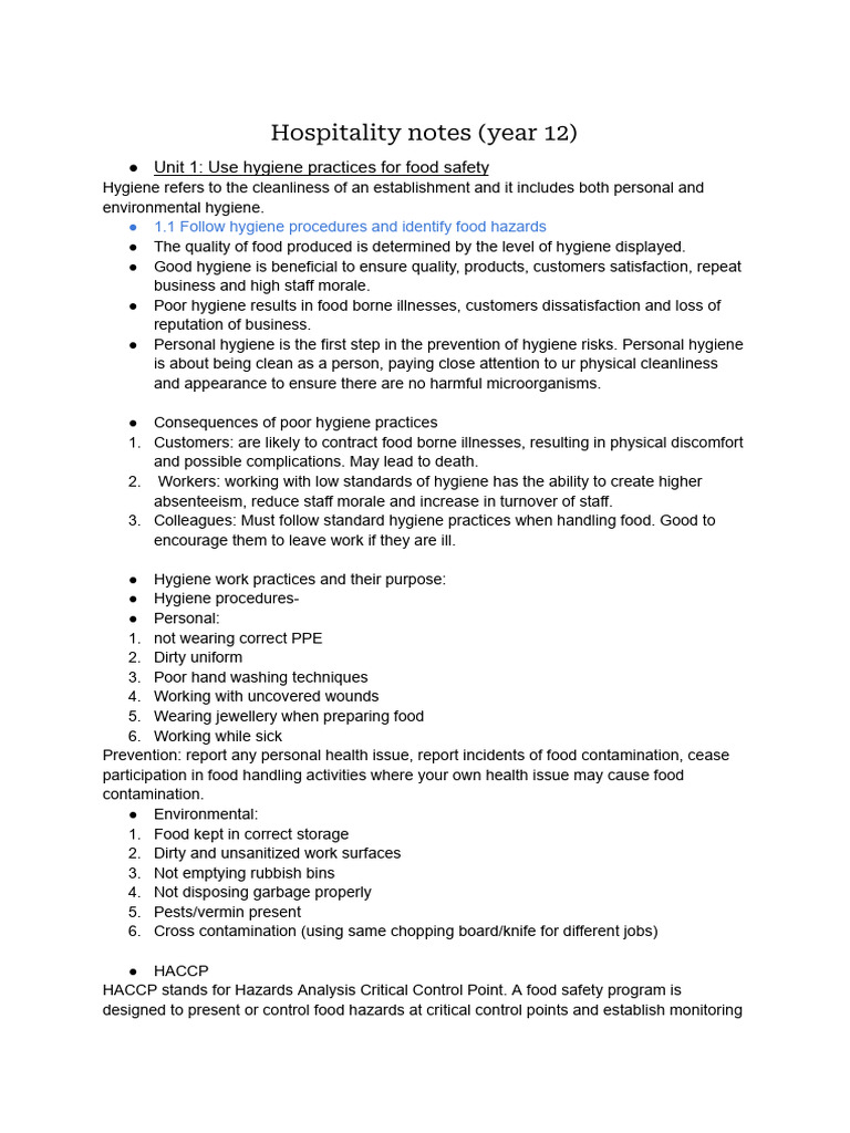 Hospitality Notes | PDF | Hygiene | Food Safety