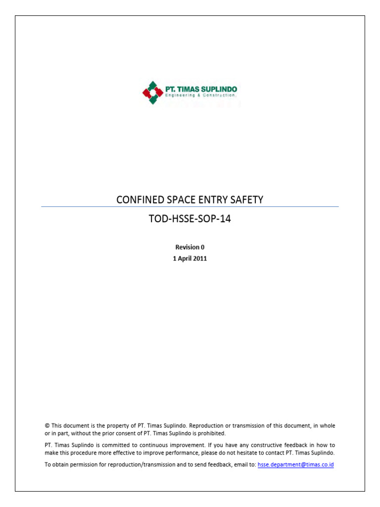 TIMAS Level 2 HSSE Procedure For Confined Space Entry Safety | PDF
