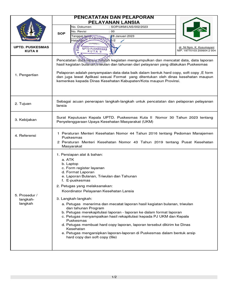 SOP Pencatatan Dan Pelaporan Lansia | PDF | Pengelolaan Keuangan & Uang