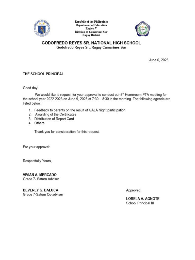 Letter For HPTA Meeting | PDF