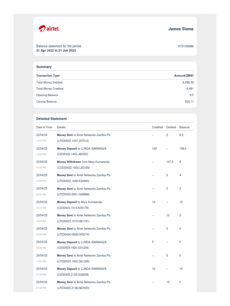 Airtel Money Statement-21-Jun-2023 02:47 PM - 1691886385 | PDF ...