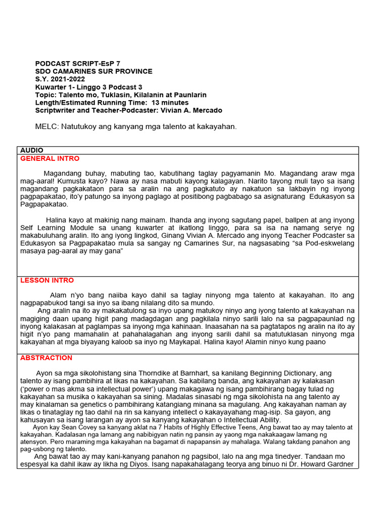 Podcast Script EsP 7kuwarter 1 - Linggo 3 | PDF