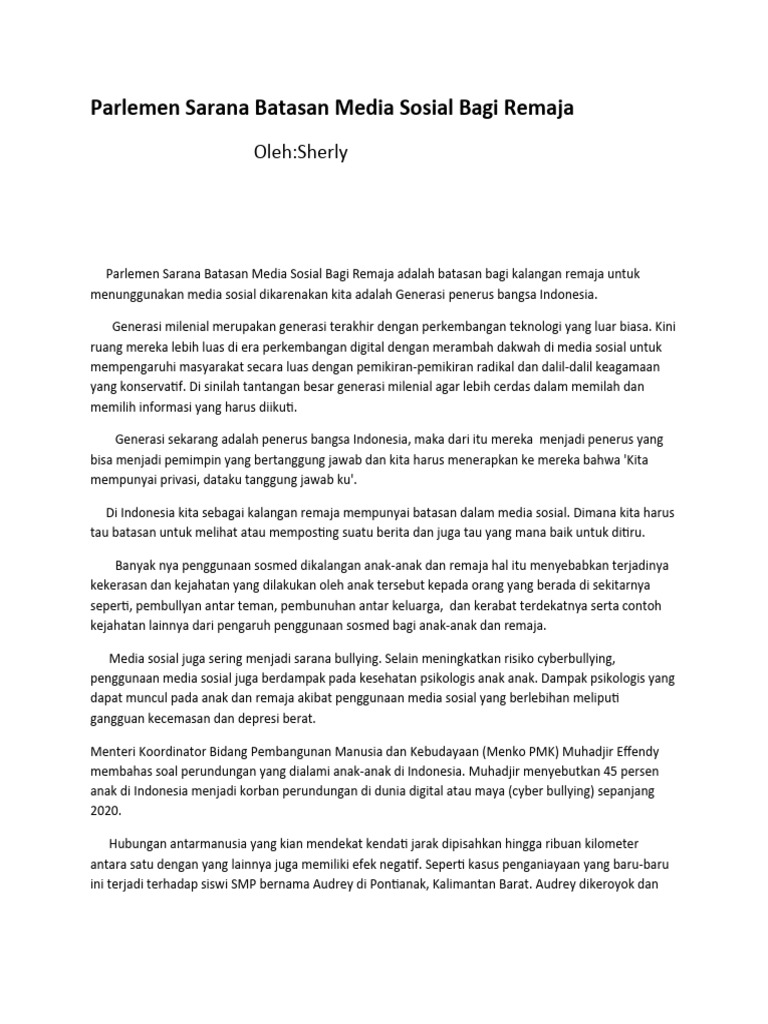 Parlemen Sarana Batasan Media Sosial Bagi Remaja - SherlyVerysa | PDF
