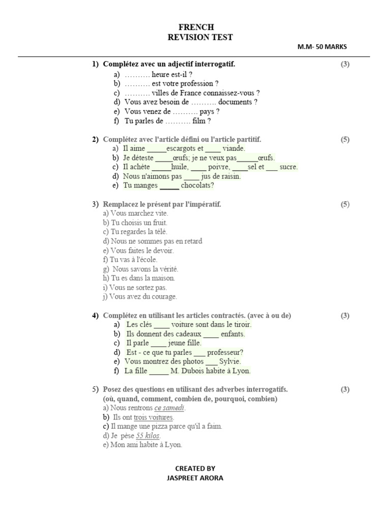 Test de révision en français | PDF | Linguistique