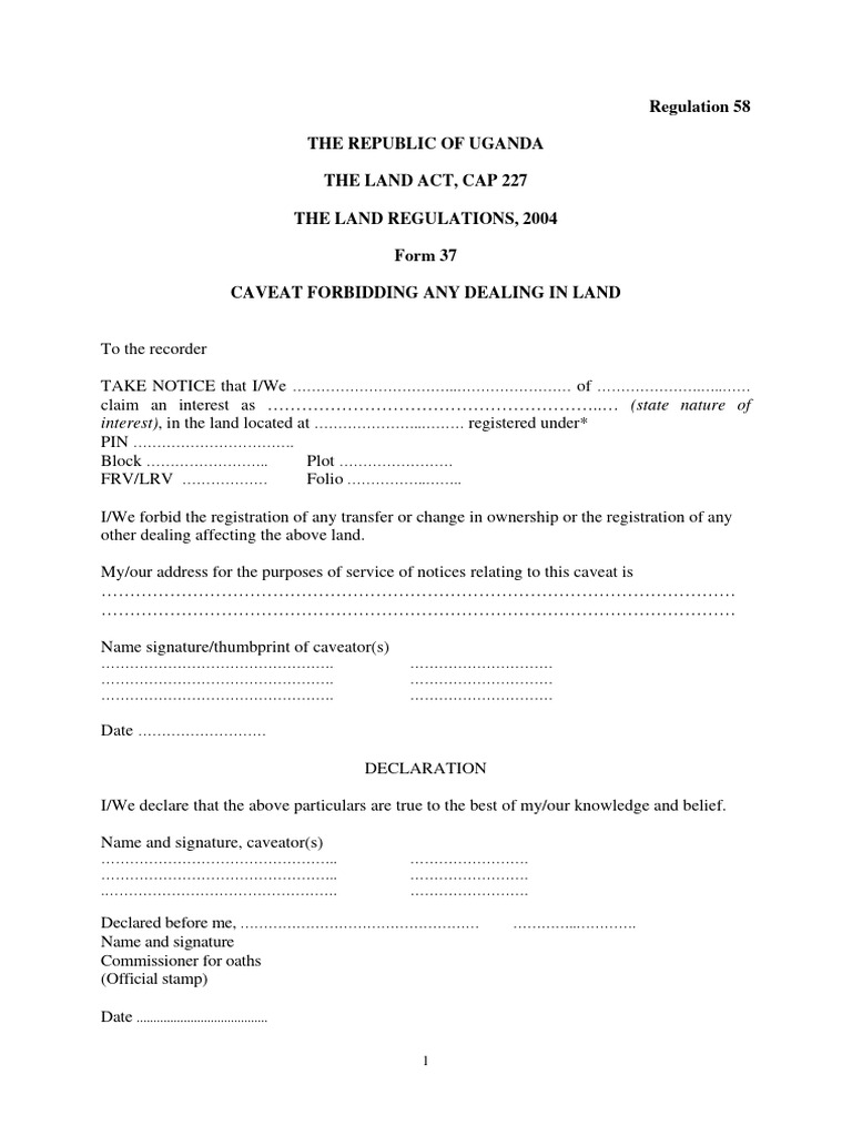 Caveat Form for Land Transactions | PDF