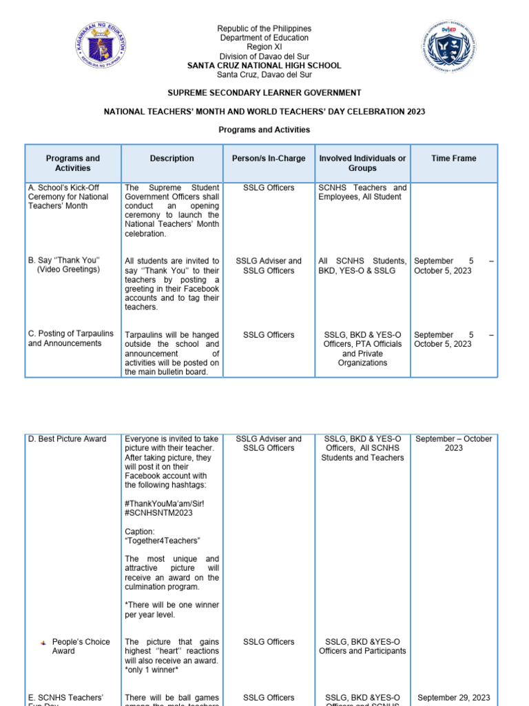 Teachers' Day. ACTIVITY MATRIX | PDF
