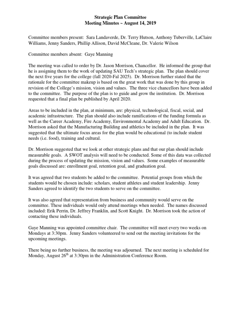 Strategic Plan Committee Meeting Minutes | PDF | Strategic Planning ...