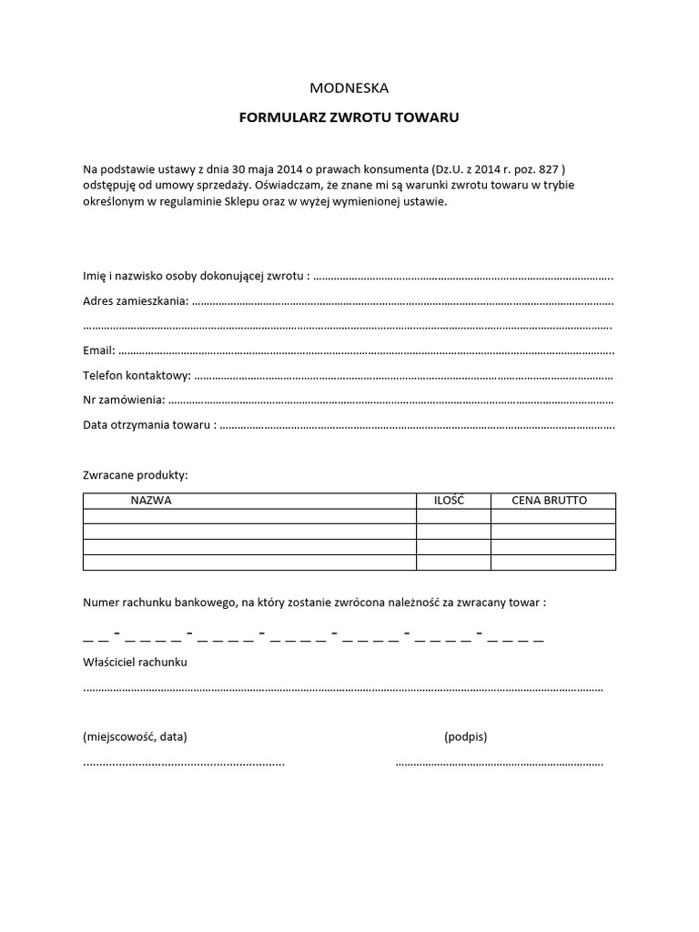 Formularz Zwrotu Towaru | PDF