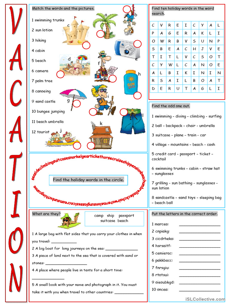 Vacation Vocabulary Exercises | PDF
