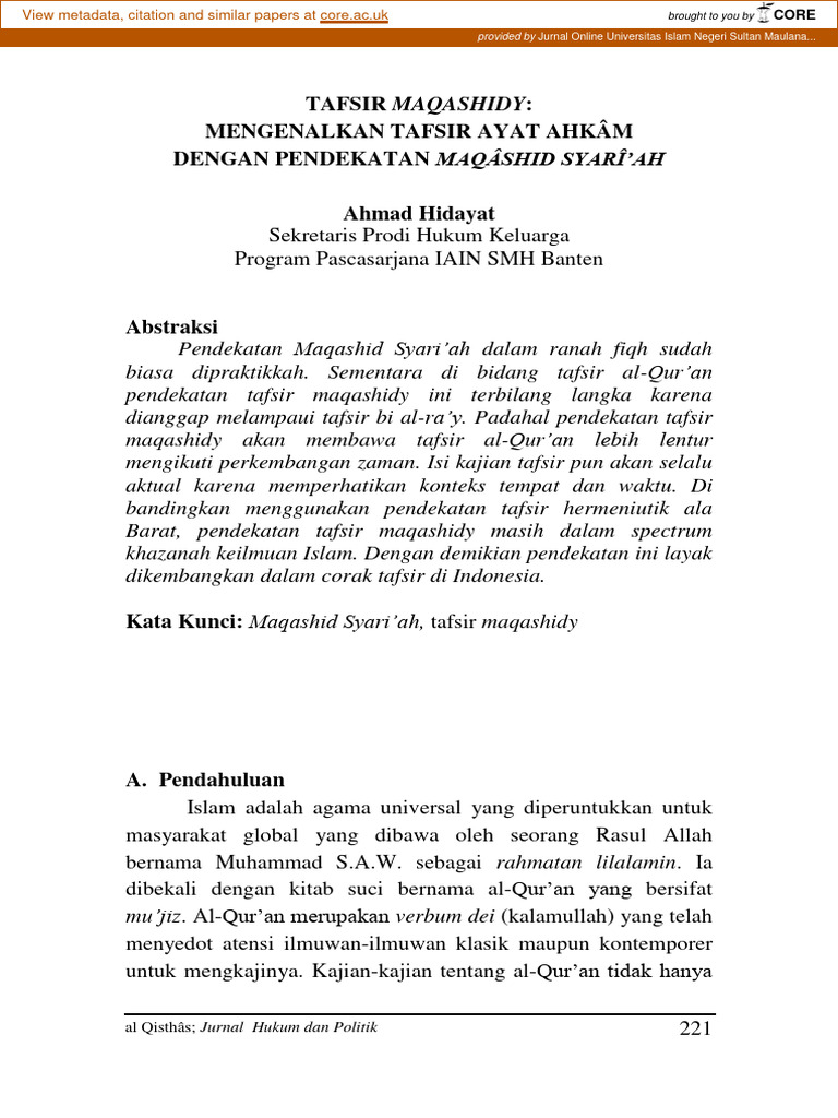 Tafsir Maqashidy: Mengenalkan Tafsir Ayat Ahkâm Dengan Pendekatan ...