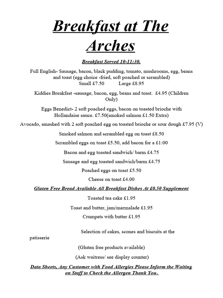 Breakfast Menu at The Arches | PDF | Scone | Foods