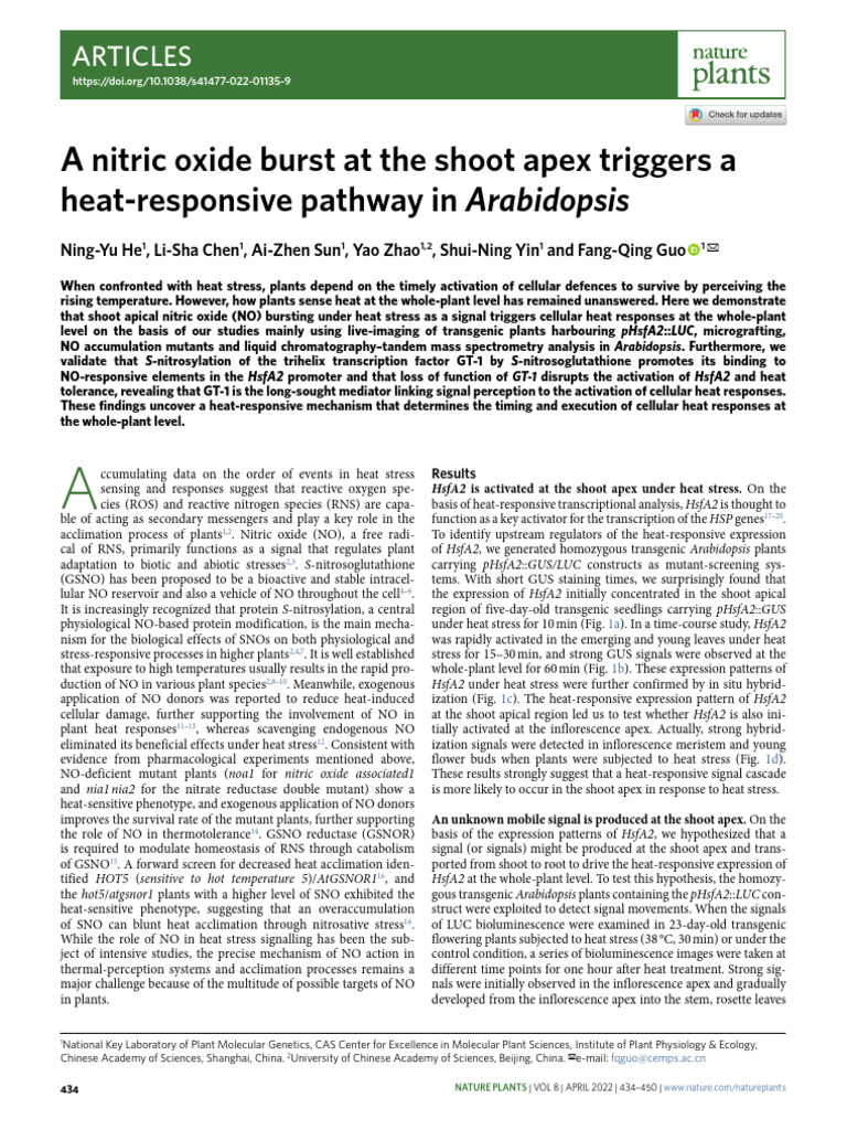 A Nitric Oxide Burst at The Shoot Apex Triggers A Heat-Responsive ...