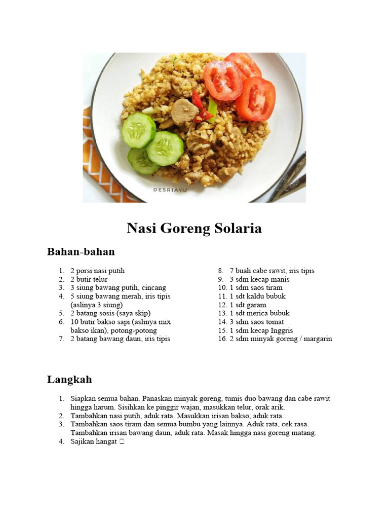 Nasi Goreng Solaria | PDF