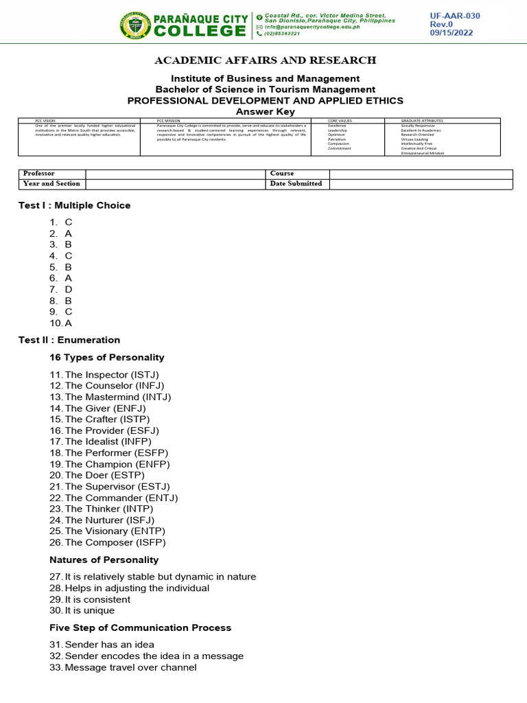 MIDTERM EXAM (Professional Development and Apllied Ethics Answer Key) | PDF | Leadership ...