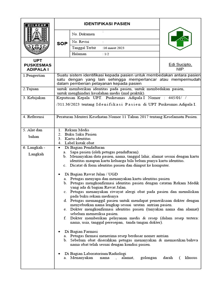 Sop Indentifikasi Pasien | PDF | Sains & Matematika