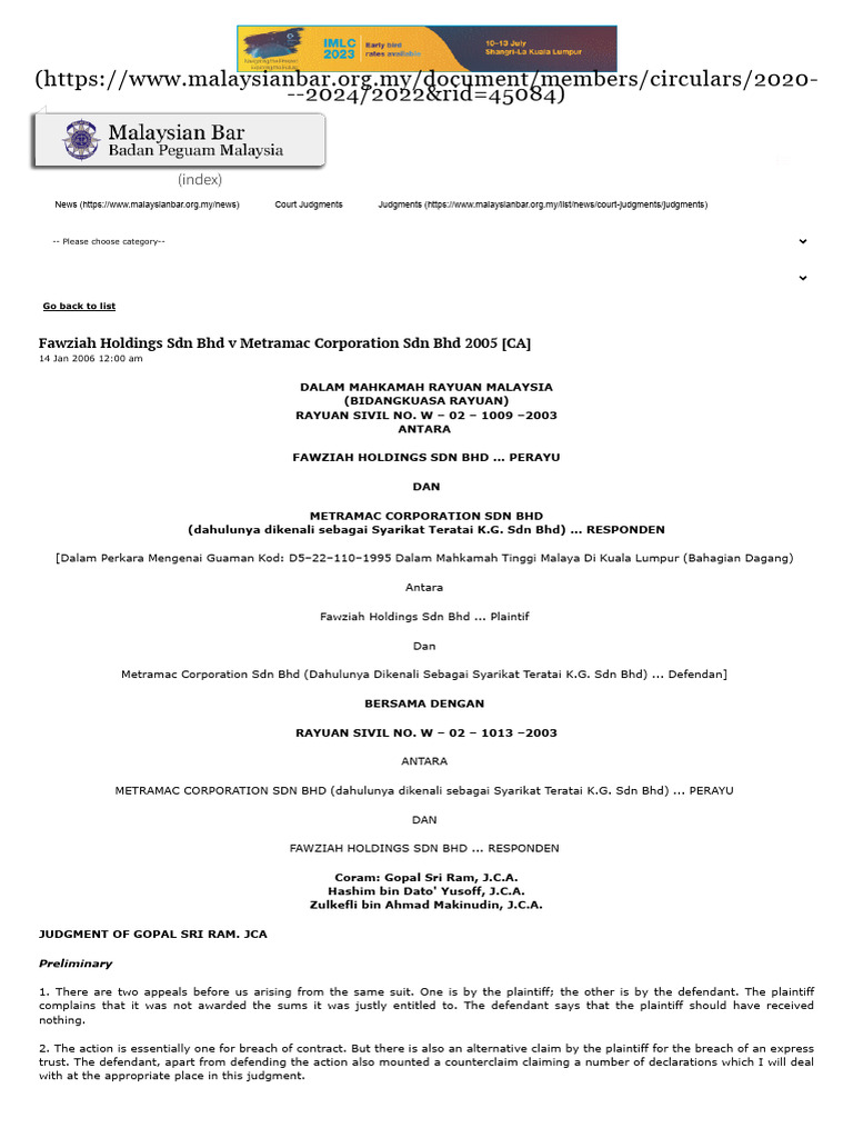 Fawziah Holdings SDN BHD V Metramac Corporation SDN BHD 2005 | PDF | Damages | Breach Of Contract