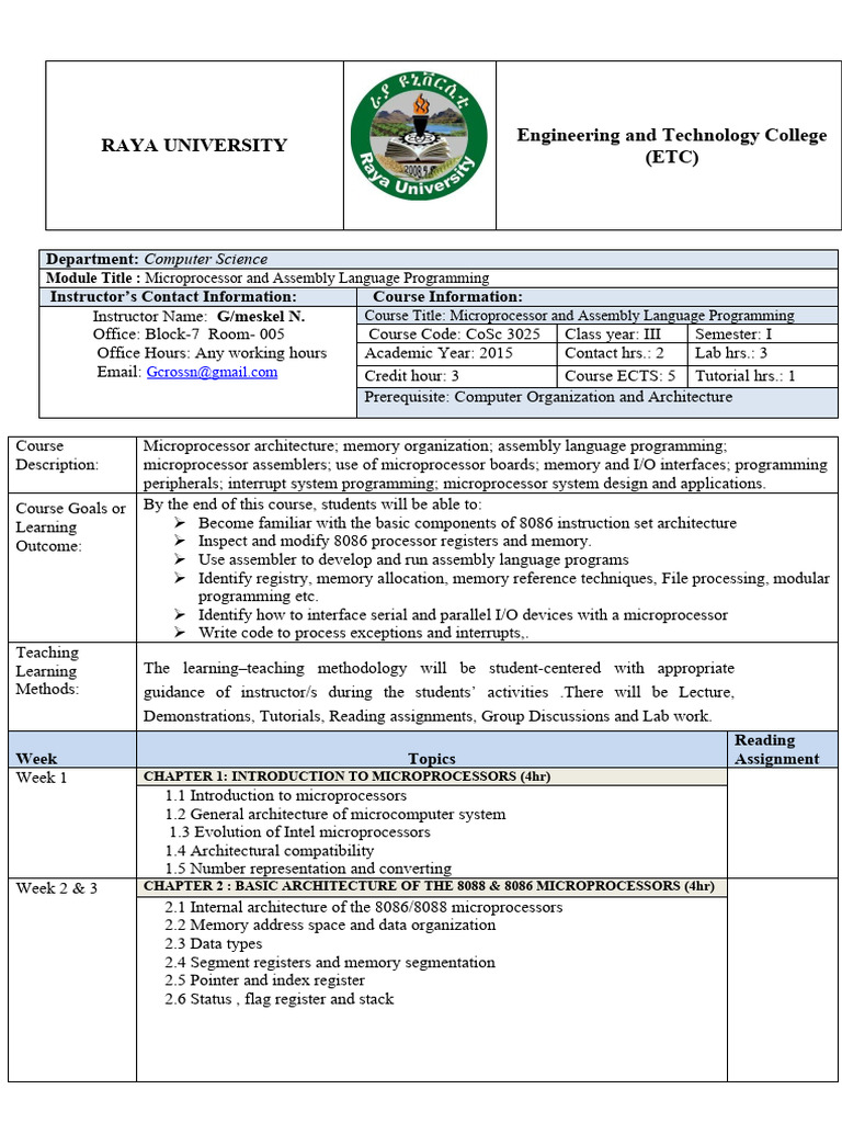Course Plan Microprocessor and Assembly L | PDF | Computer Program ...