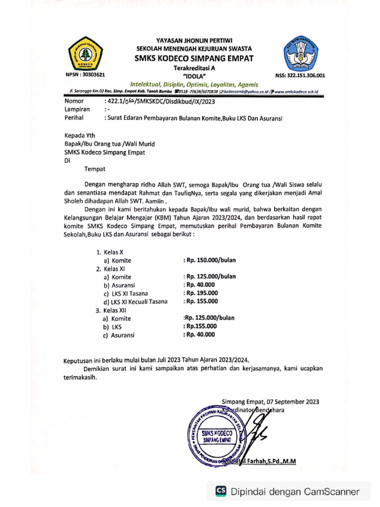 Surat Edaran Pembayaran Sekolah | PDF