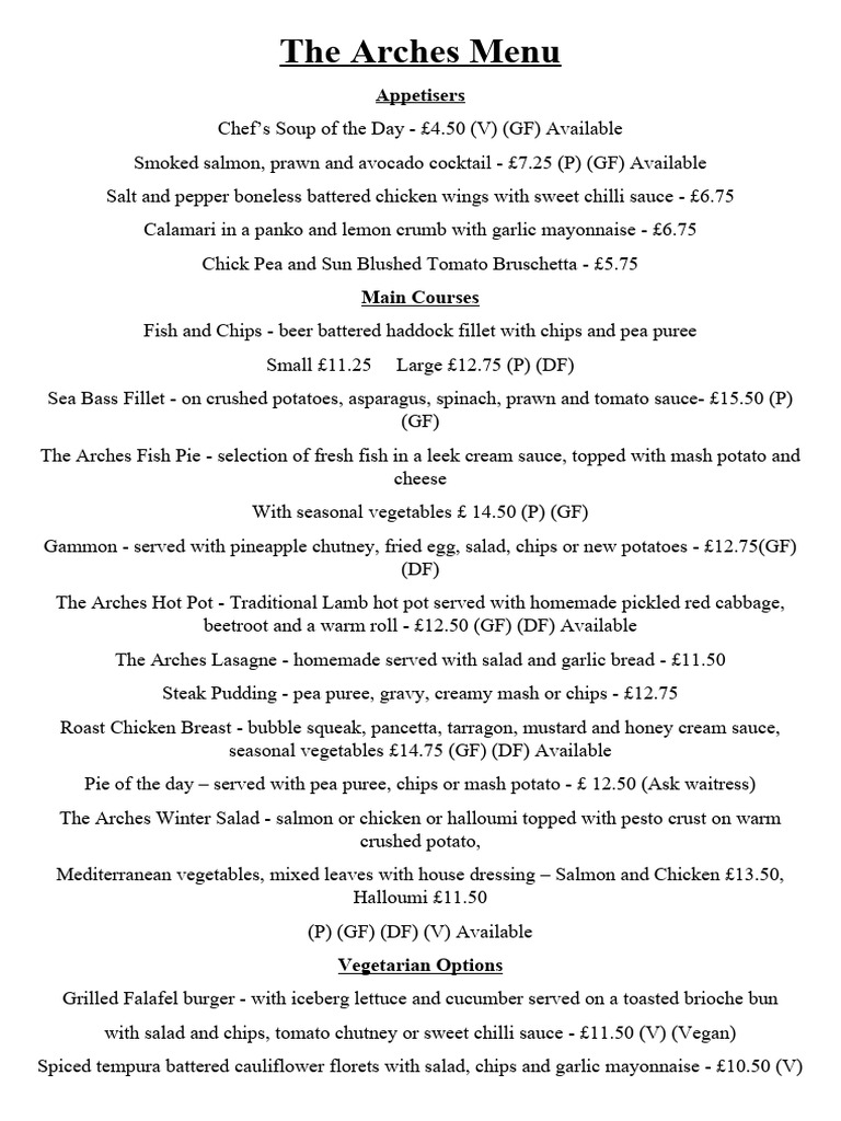 The Arches Restaurant Menu Overview | PDF | Potato Chip | Salad
