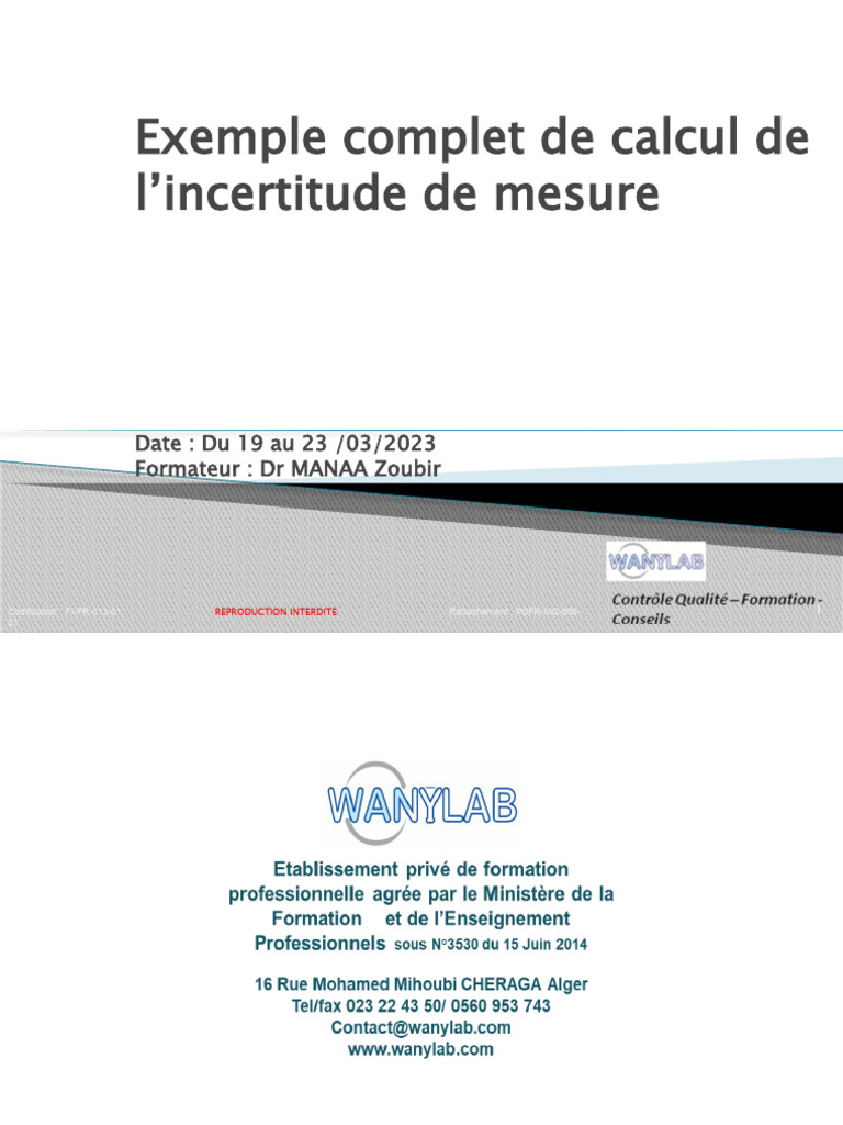 Exemple Complet de Calcule de L'incertitude de Mesure | PDF | Calibrage ...