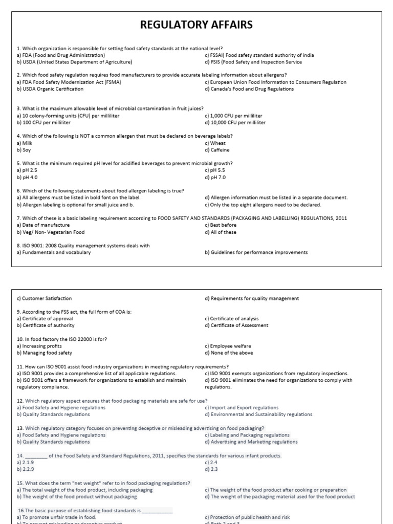 REGULATORY AFFAIRS Question Paper.1 | PDF | Food Safety | Packaging And ...