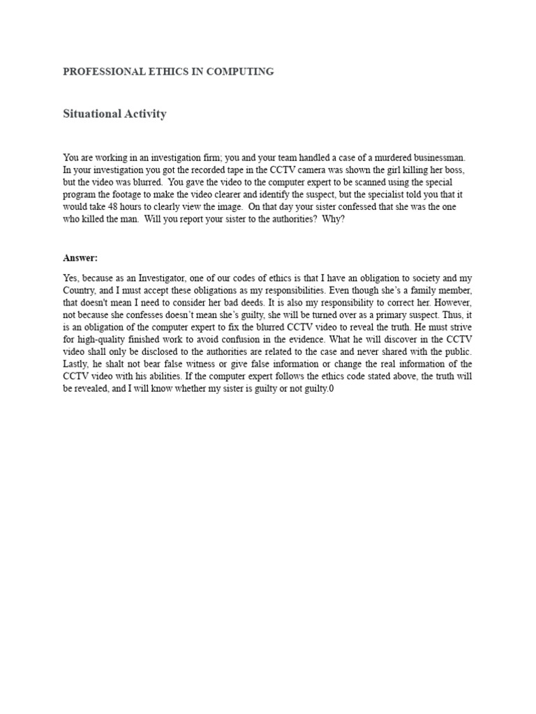 PROFESSIONAL ETHICS IN COMPUTING (Situational Activity) | PDF