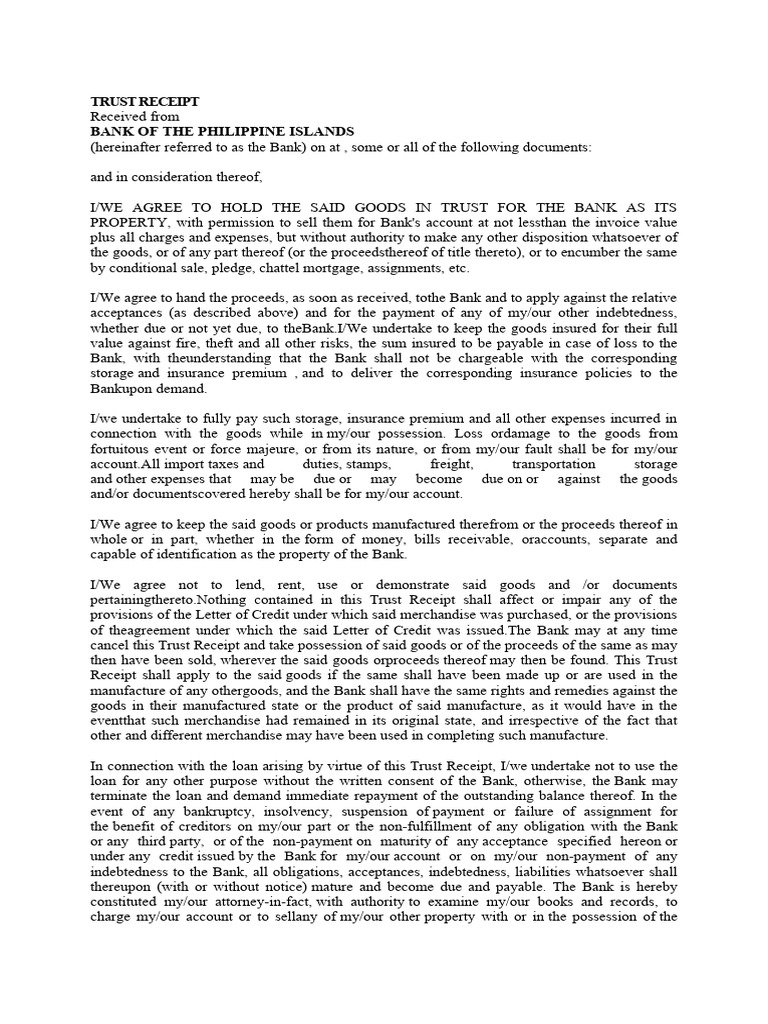 TRUST RECEIPT Draft Template | PDF | Banks | Insurance