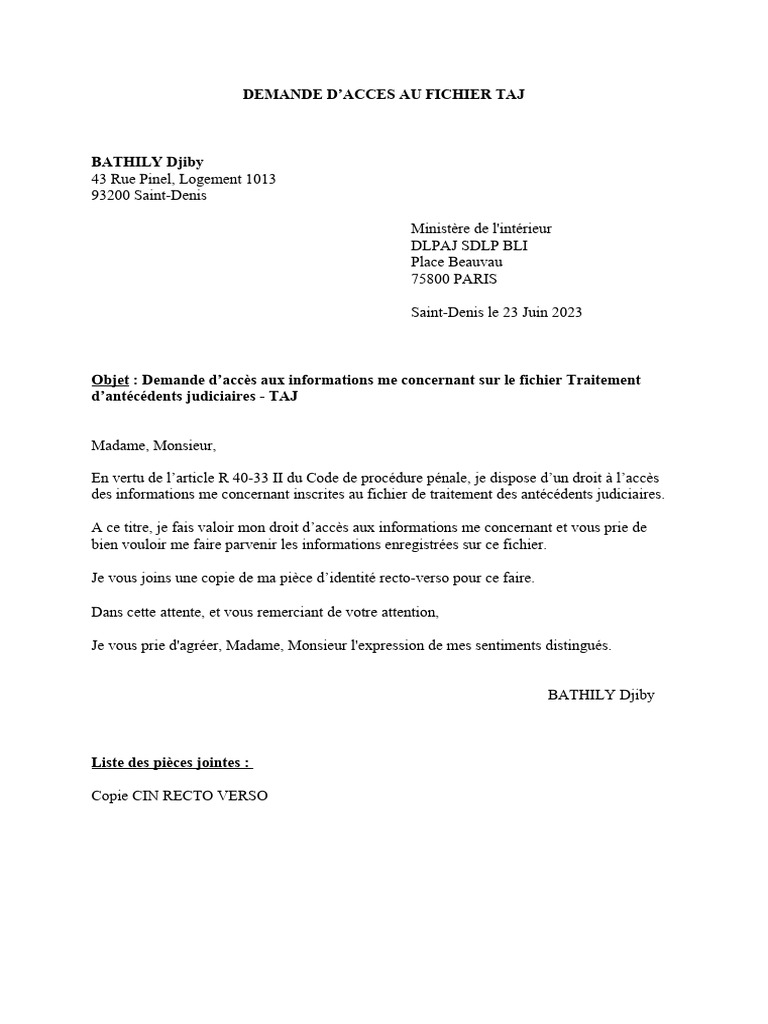Modèle-de-lettre-demande-daccès-au-fichier-TAJ - Modifié | PDF