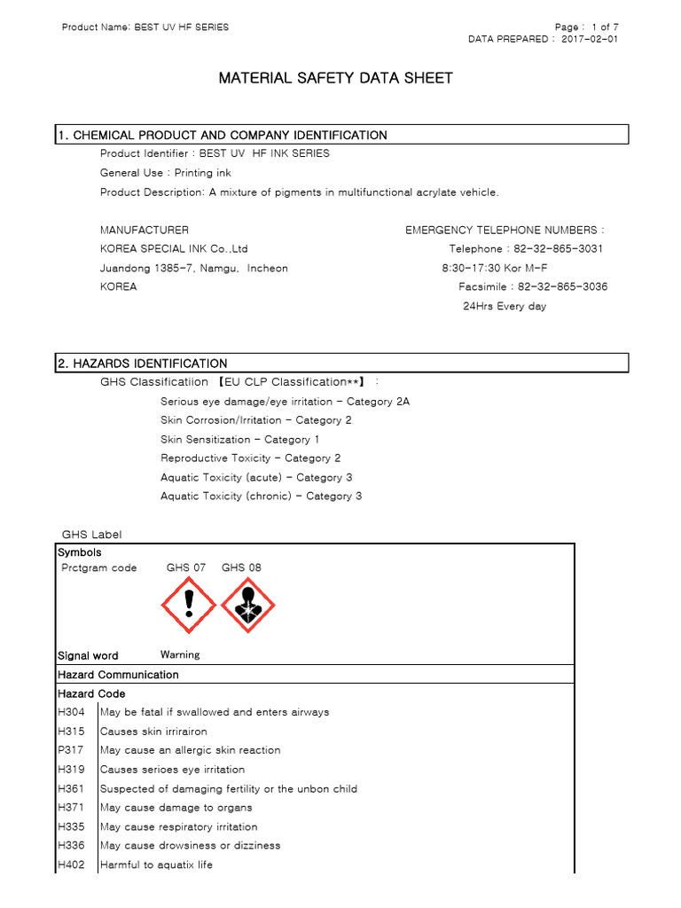Best Uv HF Ink Series GHS MSDS | PDF | Toxicity | Occupational Safety ...